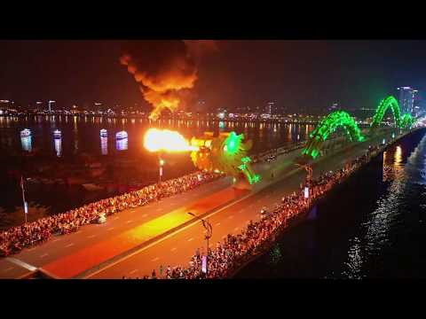 Dragon Bridge Fire Show Danang Vietnam Drone 4k