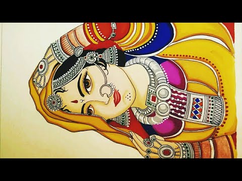 A beautiful painting of a Rajasthani women with traditional Rajasthani clothes and silver jewellery