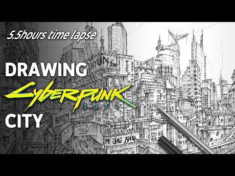 Drawing Futuristic City at once (5.5hours timelapse) #Cyber_Punk
