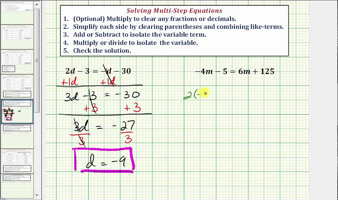 Ex1A : Solve To Multiiple Step Linear Equations in One Variable