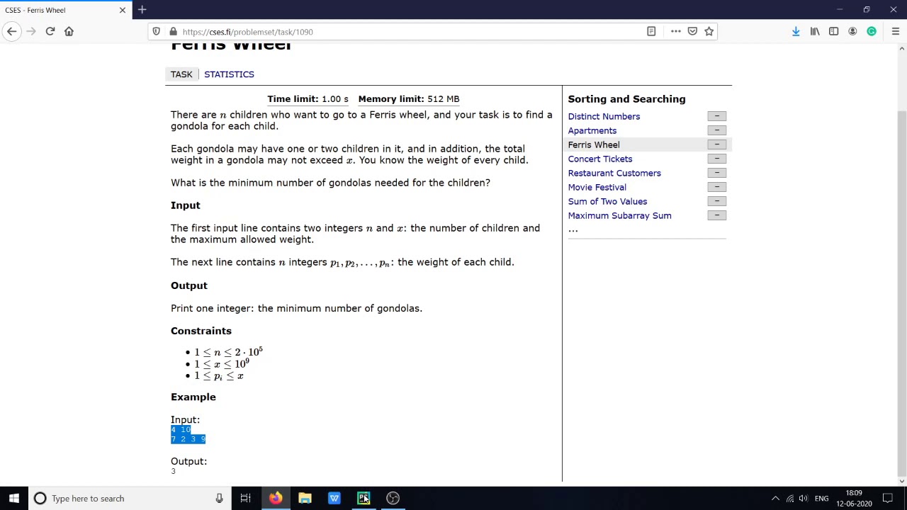 PYTHON Ferris Wheel Algorithm - CSES Sorting and Searching #3