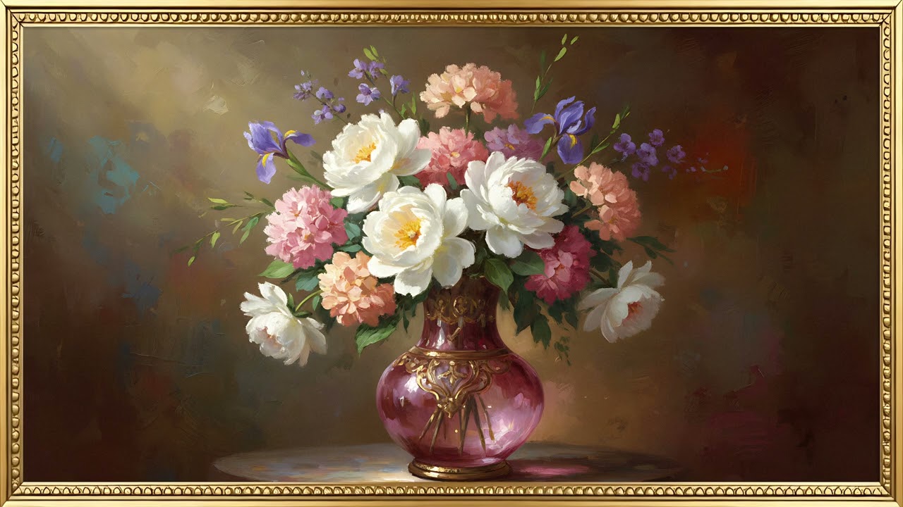 Soft Pink & White Peony Bouquet | Gold Framed 4K Art Screensaver | Romantic Floral TV Wallpaper