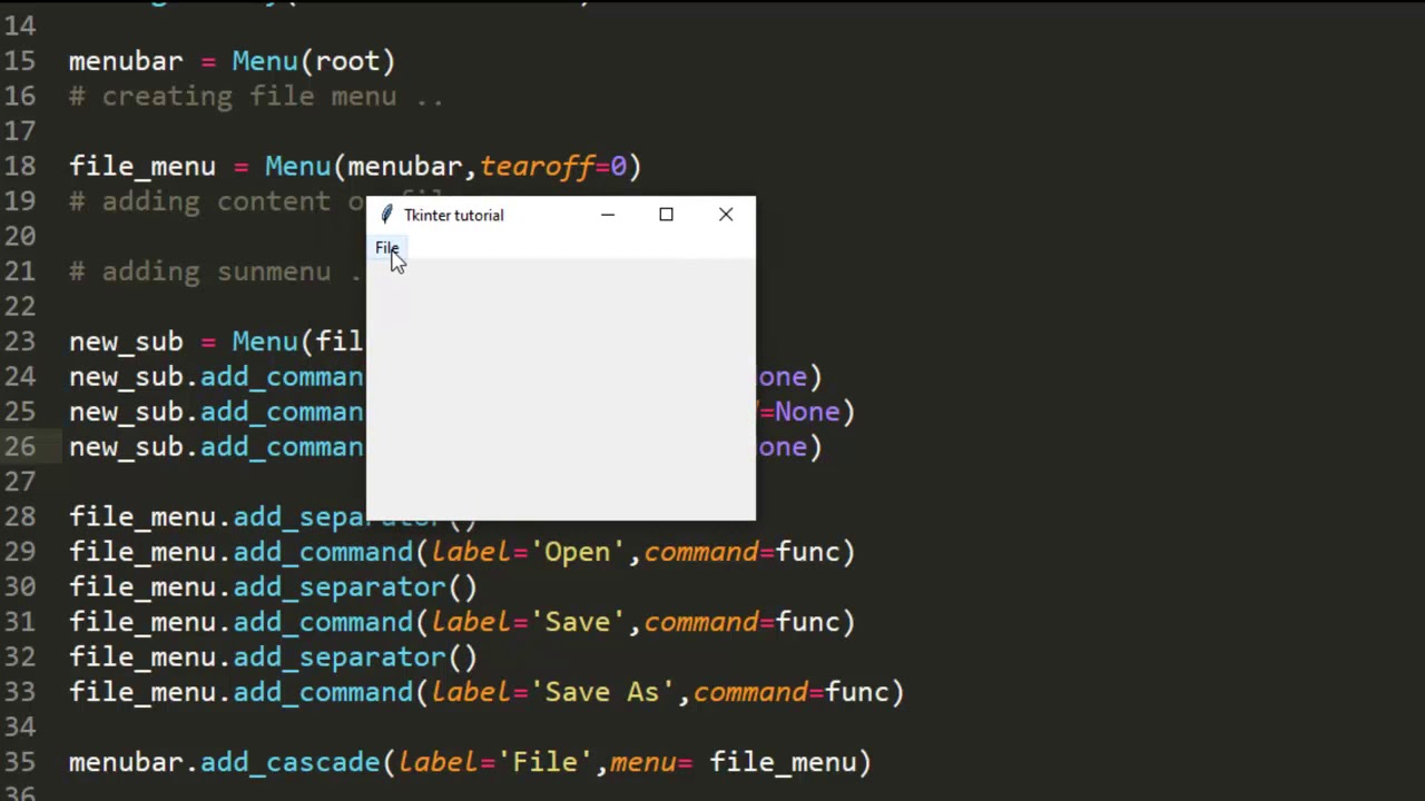 Creating Submenus in tkinter / Menubar part 2 / Tkinter tutorial in hindi / Dynamic Coding