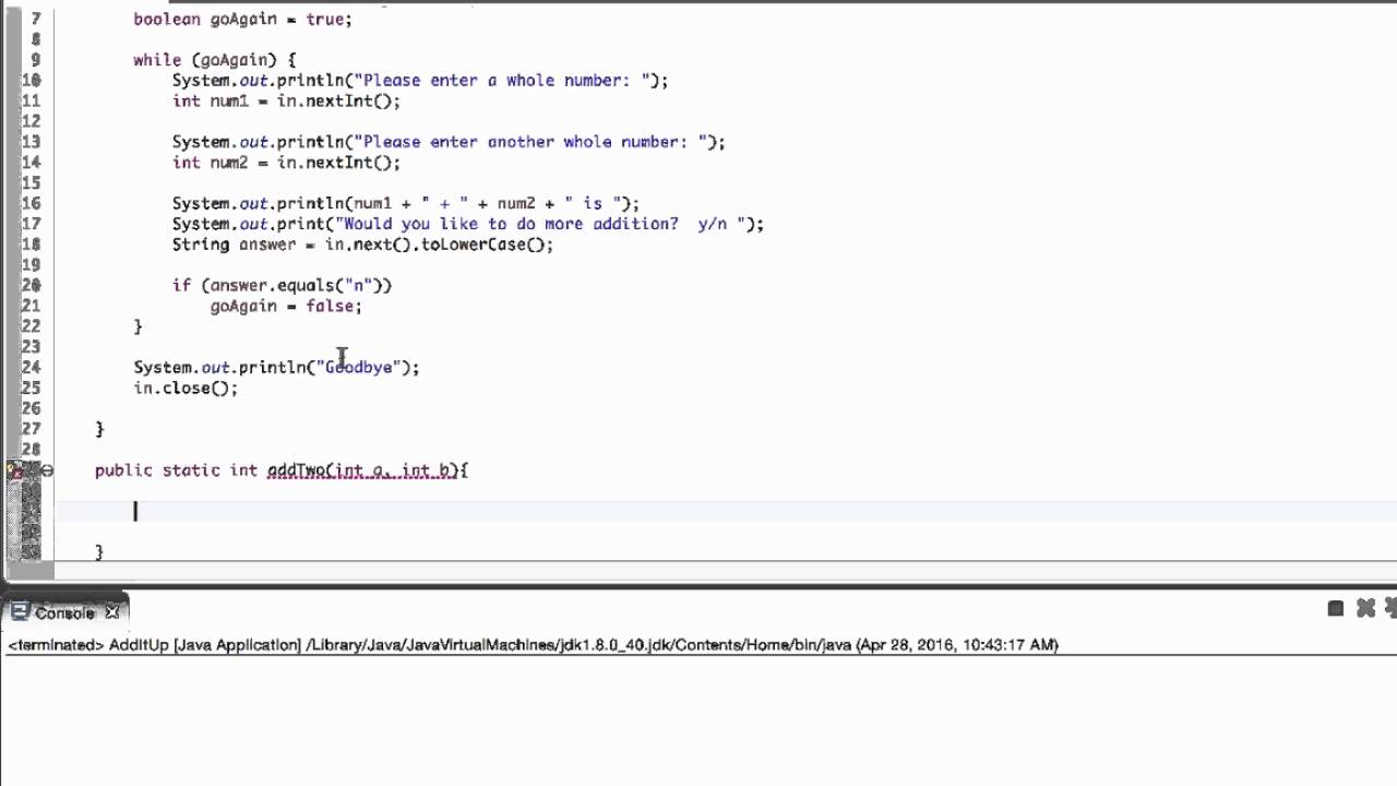 Add Two Java Method Creation Example