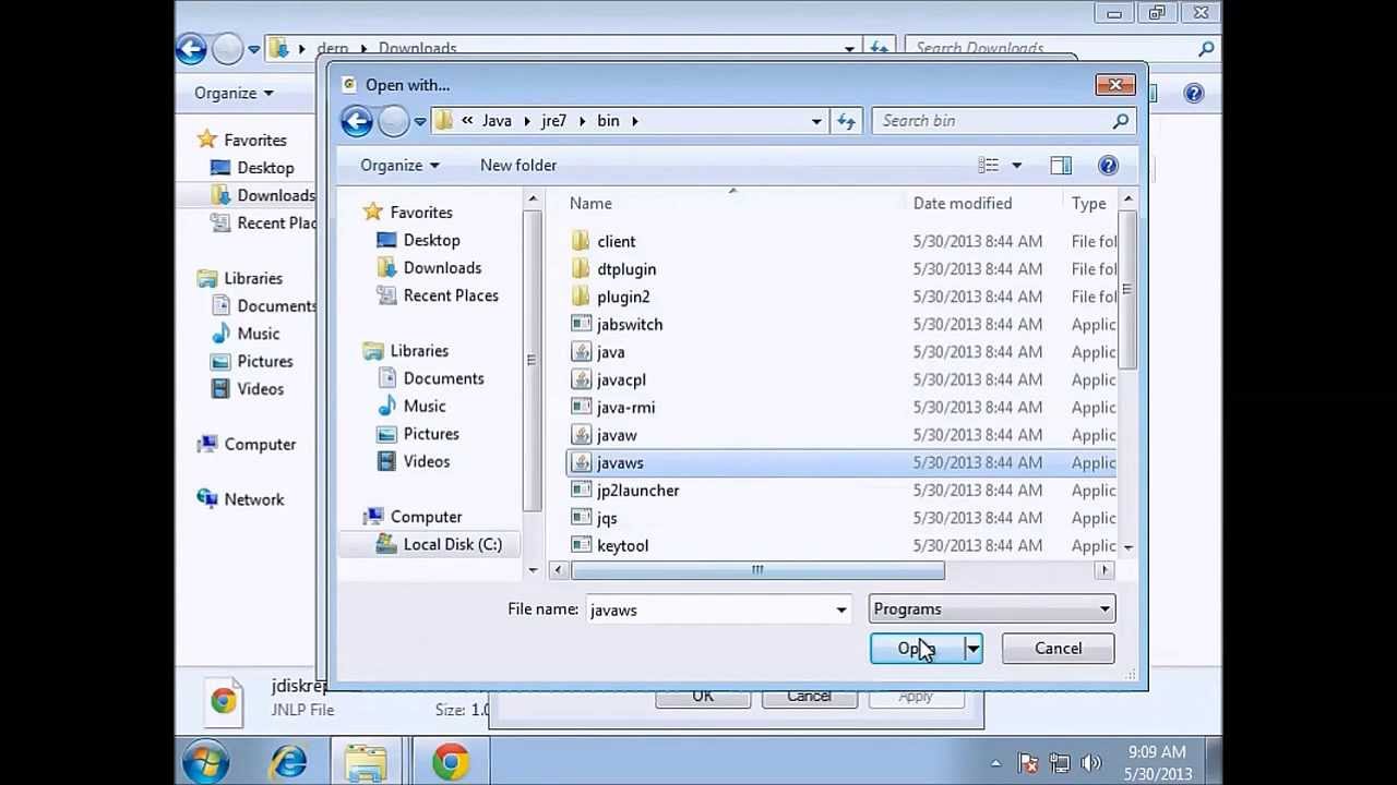 Unable to open  .jnlp (Java) files asks to choose program