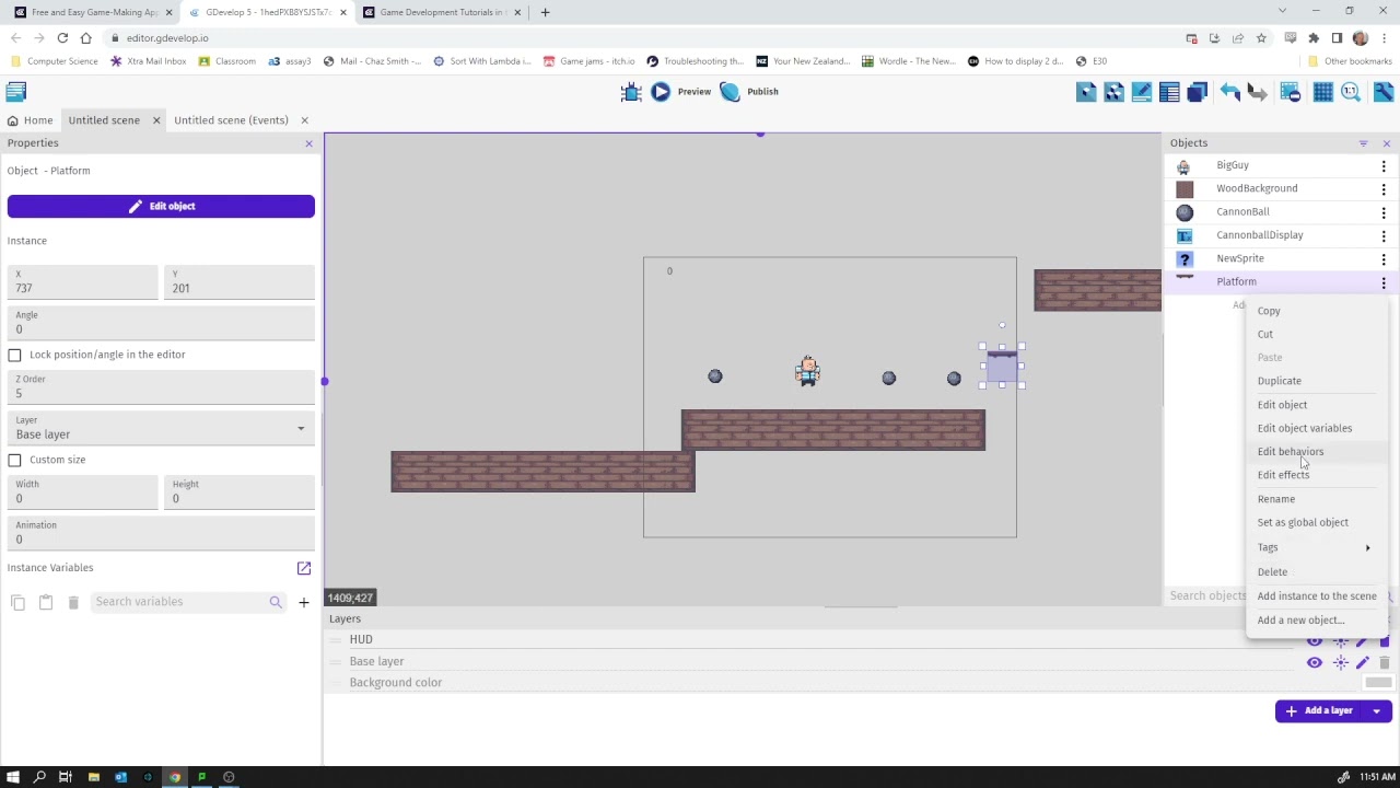 GDevelop - video 7. Moving platforms - using 