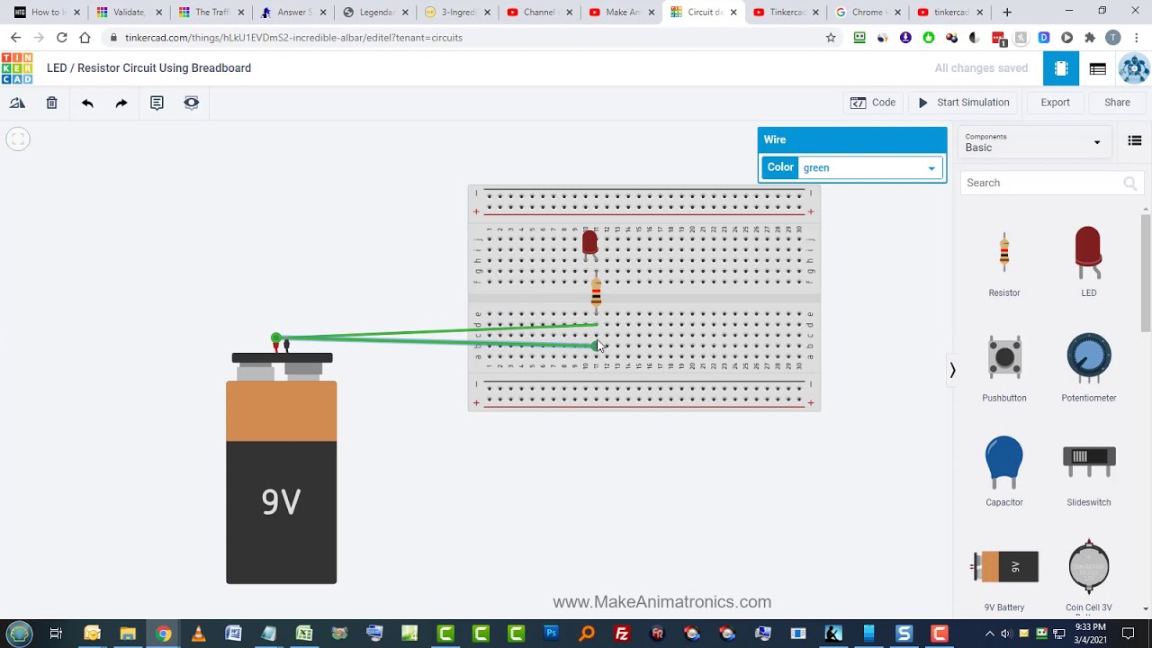Simple LED / Resistor Circuit Using a Breadboard and Simple Tinkercad Circuits.