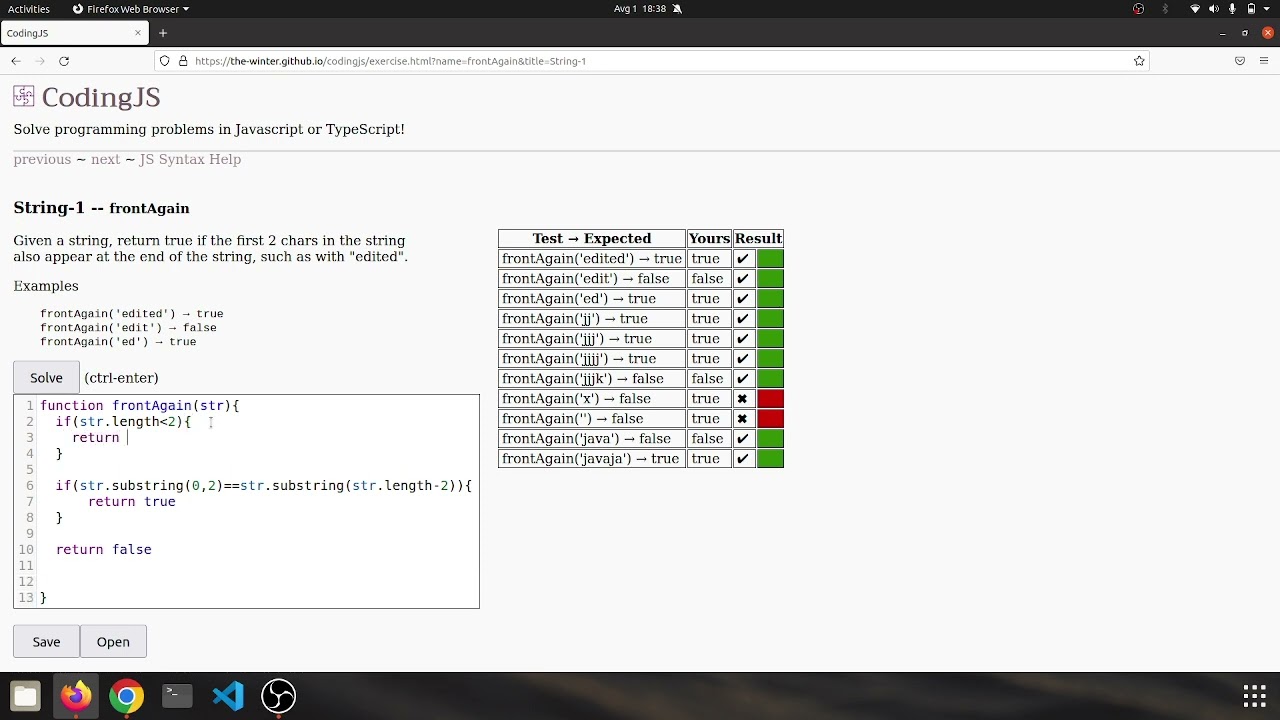 String 1 frontAgain  Javascript solution