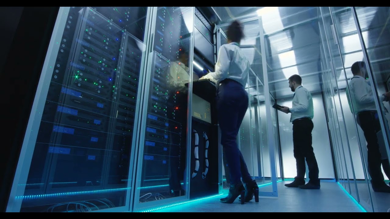 4k Video Server Room It workers in glowing data center, Agentic Ai bots