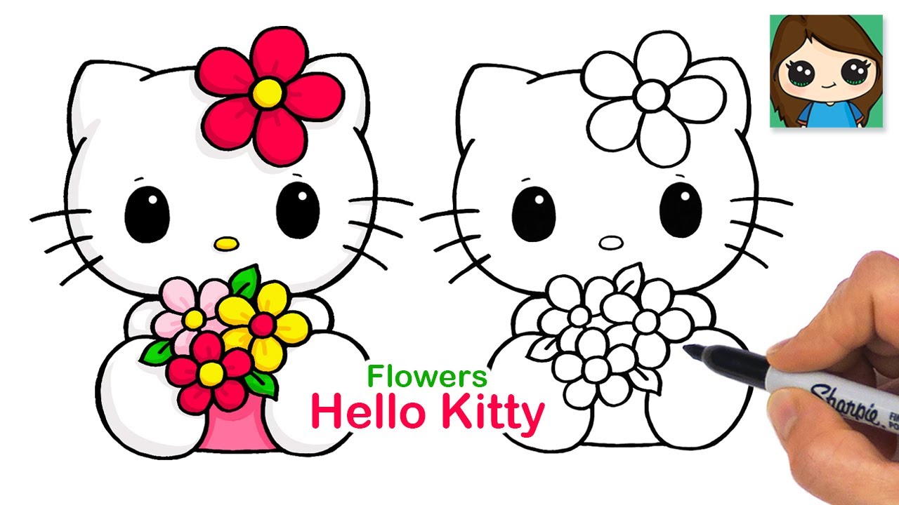 How to Draw Hello Kitty Holding Flowers 💐 Sanrio
