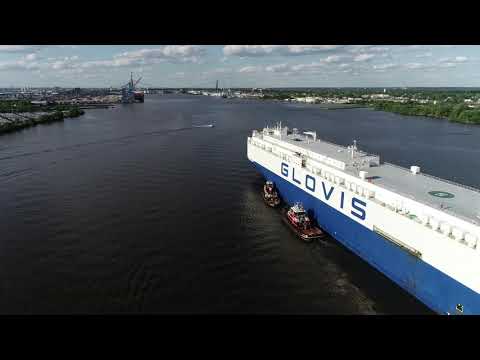 Aerial Drone Video of Vehicle Car Carrier Ship Glovis Solomon Delaware River Philadelphia