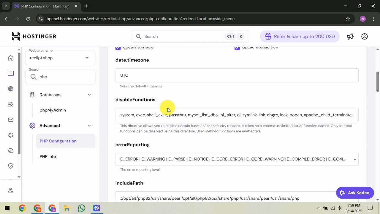 How To Disable PHP Functions in Hostinger