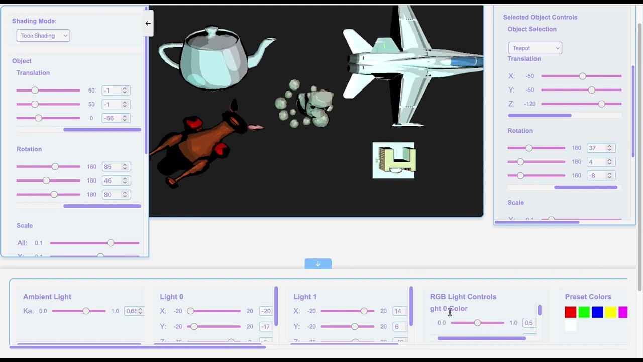 Interactive 3D Graphics in WebGL: Transform Multiple object, Shading, Lighting Effect & Animation