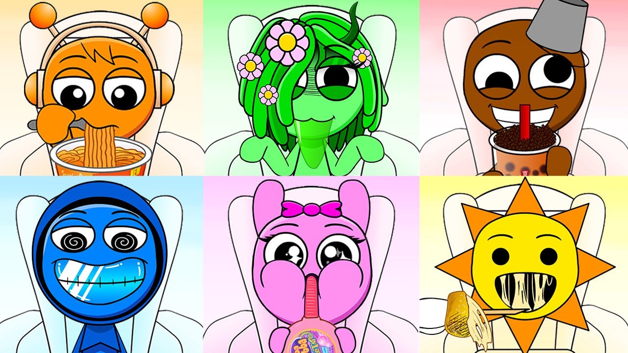 Sprunki emoji color mukbang | FIRE Noodle &  Fried CHICKEN & GUMMY EATING SOUND | MOMOSTUDIO