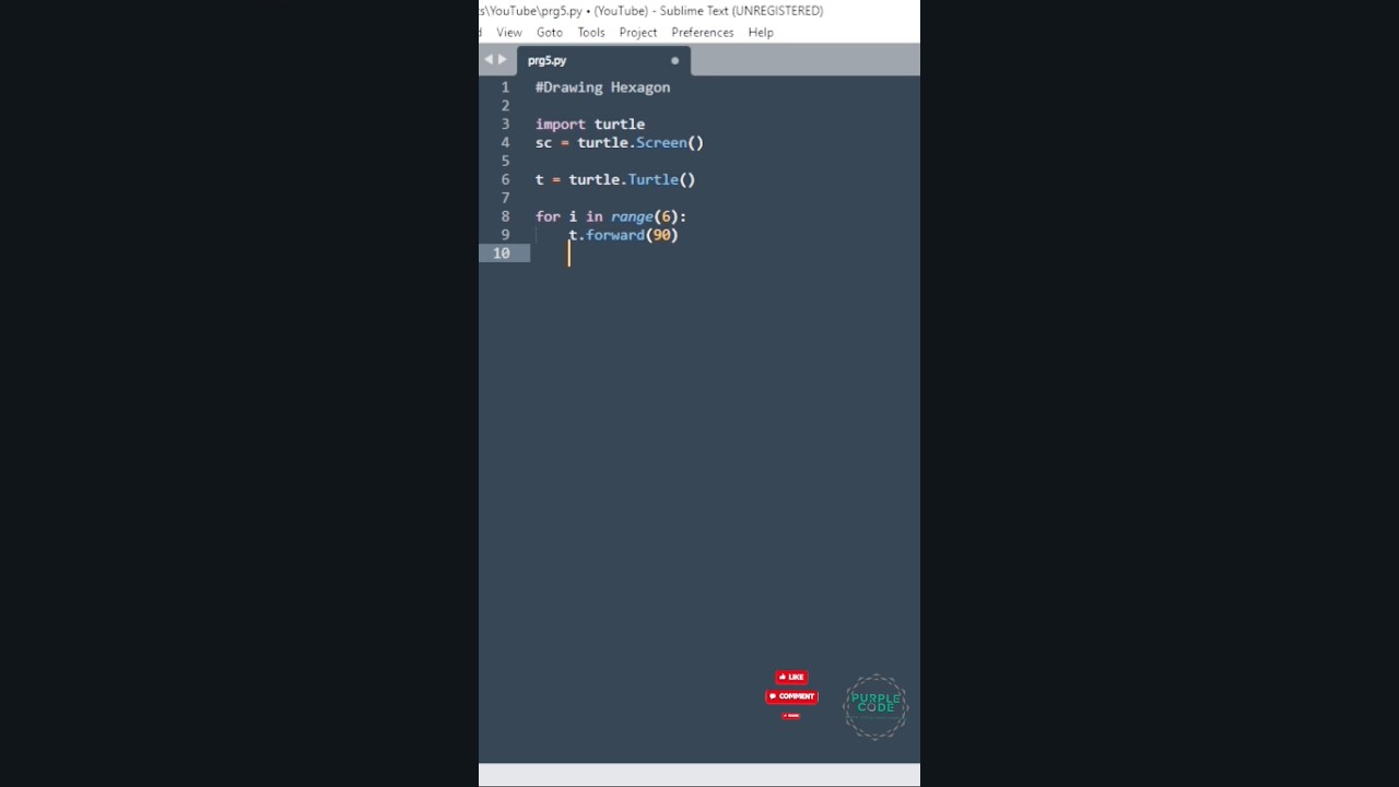 How to draw a hexagon using python turtle | Learn Python Tkinter | @PurpleCode404  #python #shorts