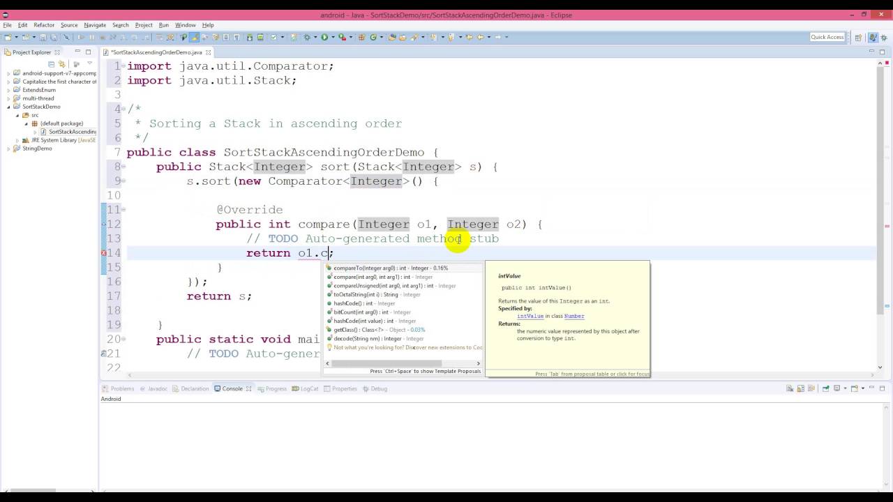 Sorting a stack in ascending order - Java