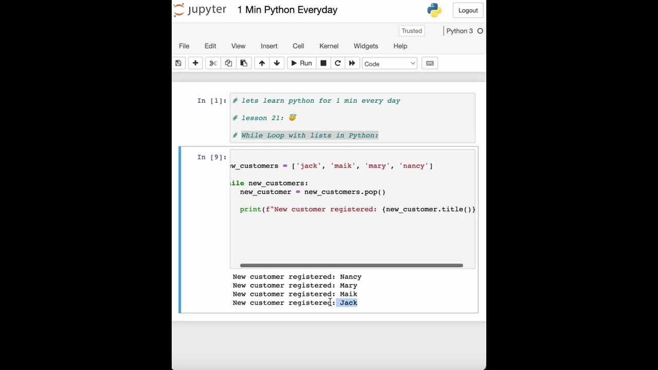 While Loop with lists in python| 1 minute python | lesson 21