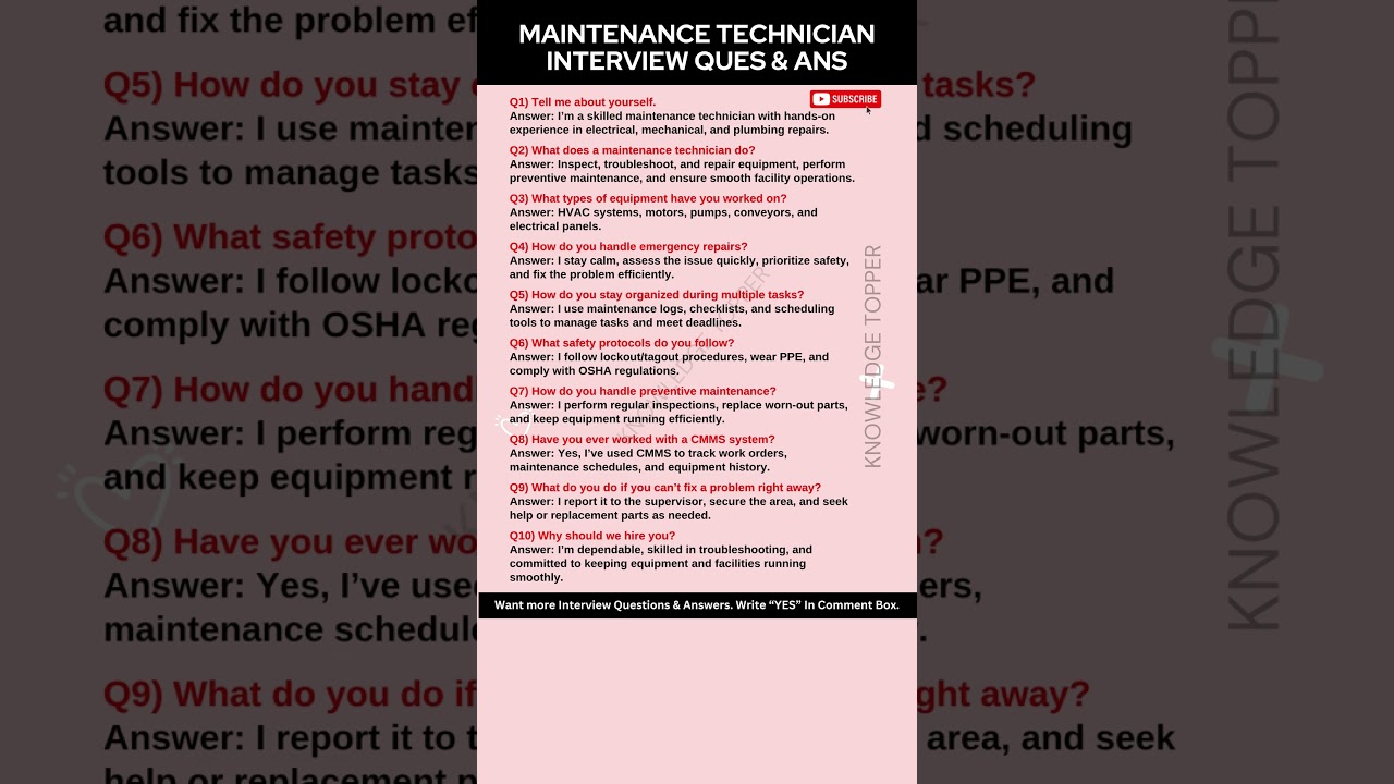 Maintenance Technician Interview Questions And Answers