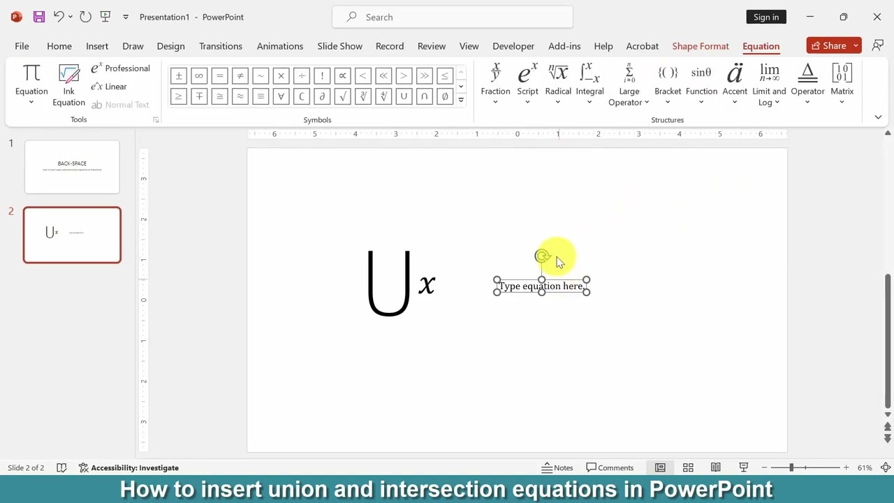 How to insert union and intersection equations in PowerPoint