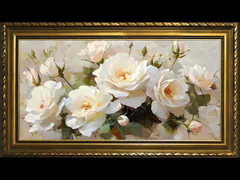 White Roses Bouquet, Impressionist Oil Painting | Gold Framed Art Screensaver for TV