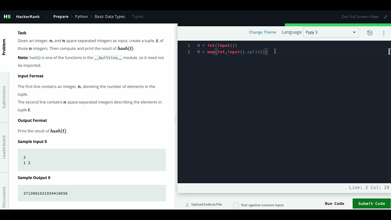 Hackerrank Python Solution #6 Basic Data Types Python - Python: Tuples