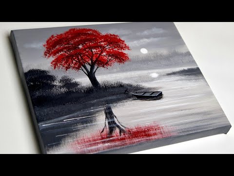 Black and White Landscape Painting | Red Tree | Easy Painting for Beginners