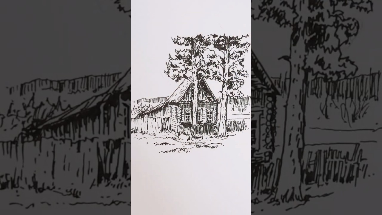 Drawing of a log house and its 2 pine trees!