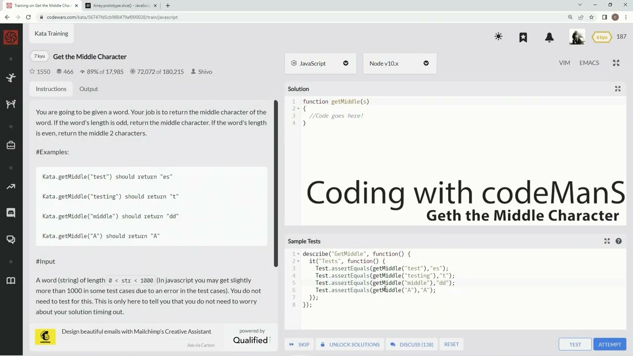 Codewars 7 kyu Get the Middle Character JavaScript