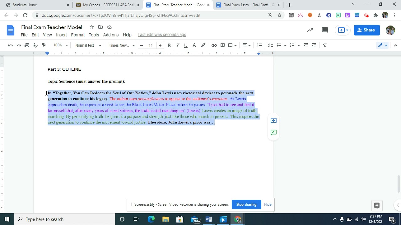 Final Exam Essay Part 4 - Turning the Outline to a Final Draft