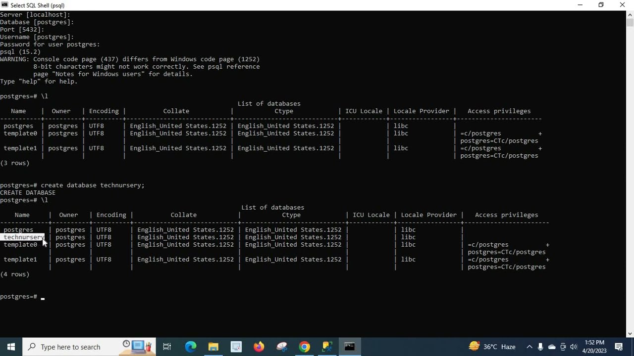 Create database in postgreSQL Server Using SQL Shell command prompt interface -PostgreSQL Tutorial