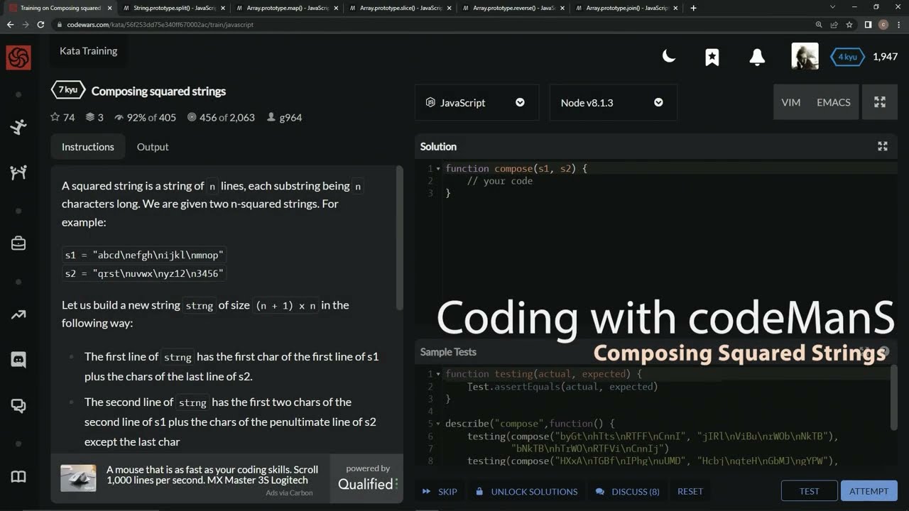 Learn Javascript | Codewars 7 kyu Season 2 - Composing Squared Strings