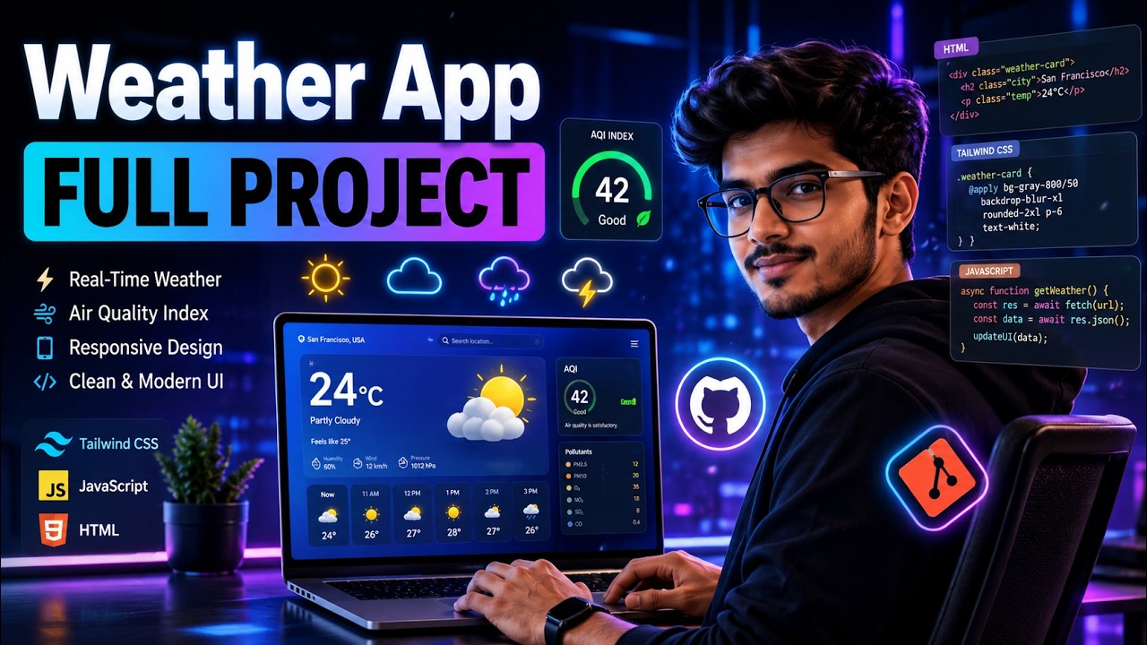 Weather App with AQI  | HTML Tailwind JS + GitHub | Full Project