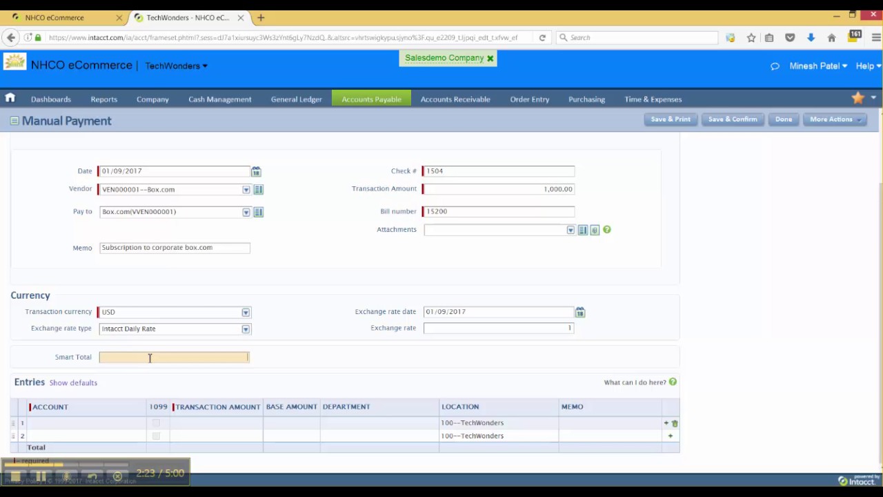 Manual Payments in Intacct