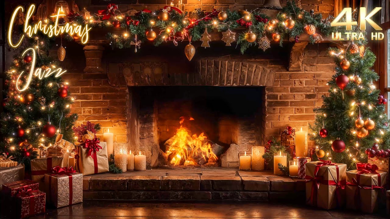 Christmas Fireplace 4K 🔥 Christmas Jazz Background Music & Crackling Fire Sounds for Stress Relief 🎄