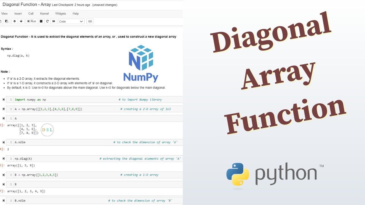 Python Numpy Tutorial - 11 ... Diagonal Array Function || np.diag( )