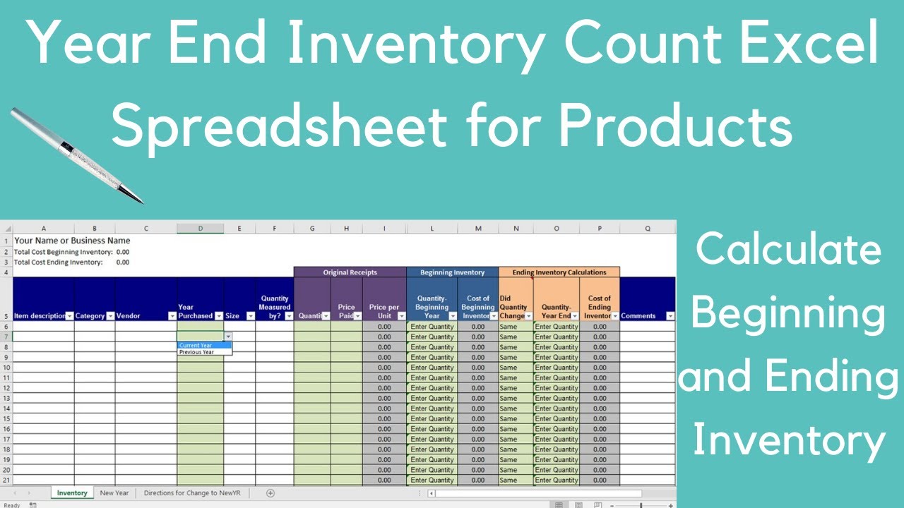 Year End Inventory Count Excel Spreadsheet for Products