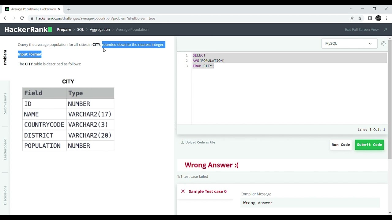 HackerRank SQL || Average Population || SQL Learning