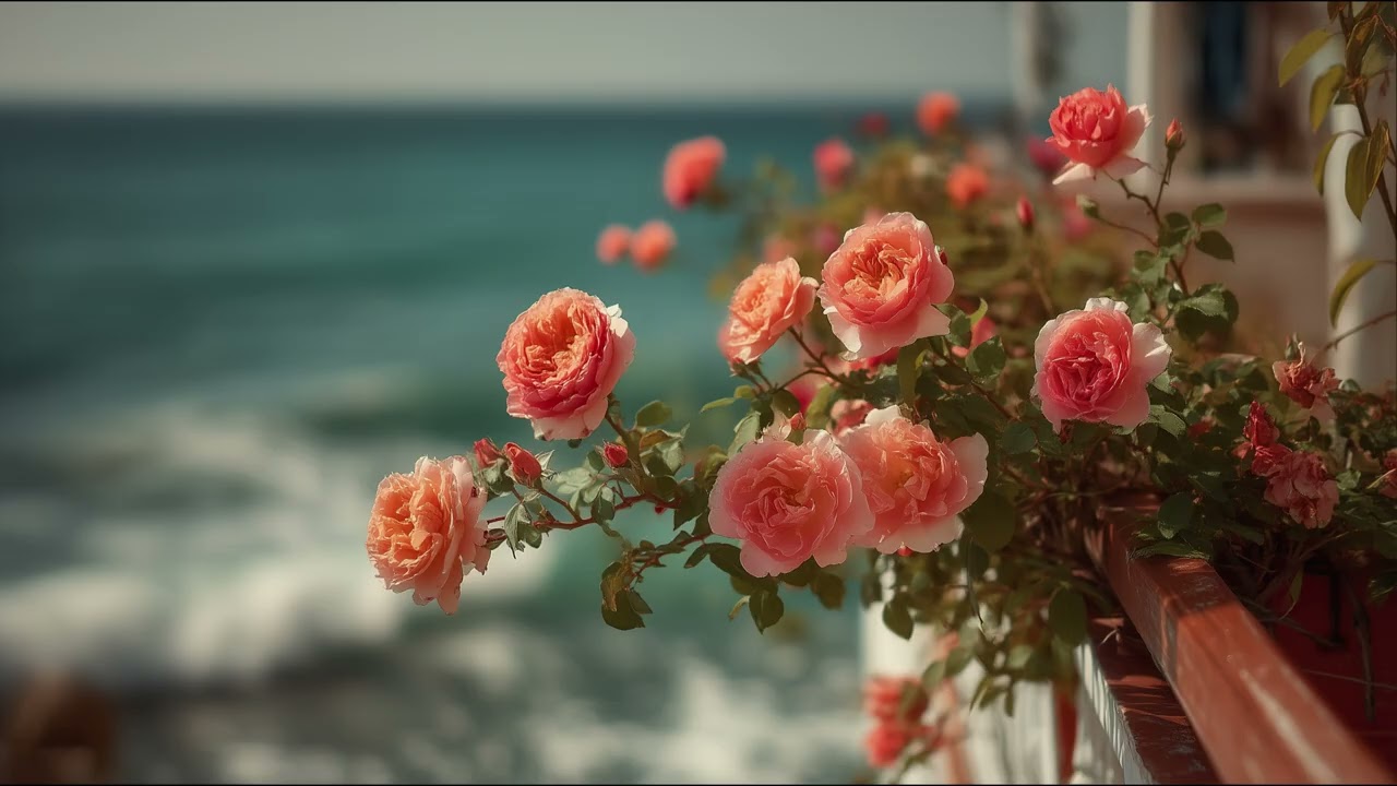 Beautiful Balcony Roses by the Sea | Romantic Seaside Villa Flowers | Still Art Screen Saver | 4K