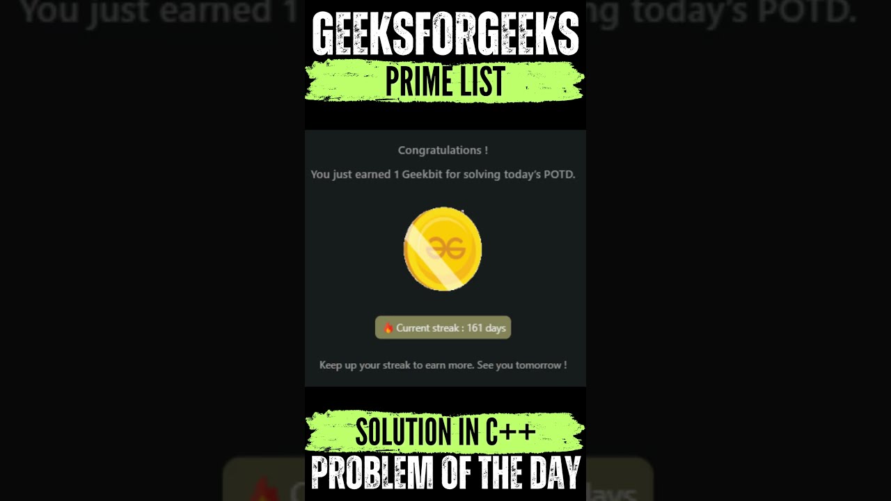 Prime List | GeeksForGeeks POTD💚🖤 | Solution👇🏻🔗 #coding #gfg #potd #geeksforgeeks #subscribe #shorts