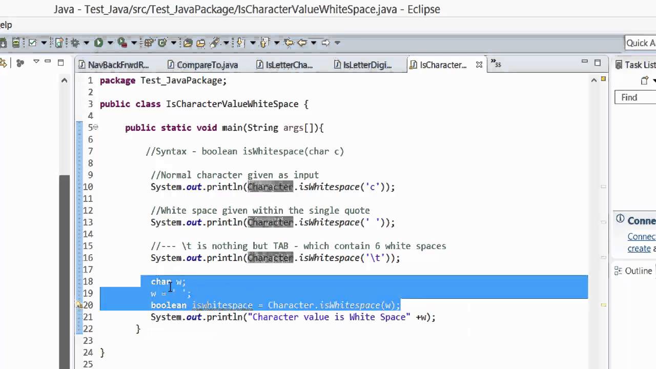 Java Tutorial - isWhiteSpace() method to find if the character is a WHITESPACE