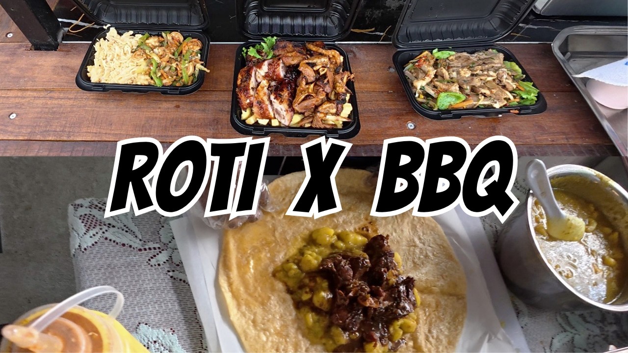 Tasting some BBQ and Chicken Roti at StEats Food Park in Debe, Trinidad