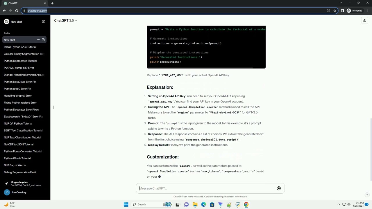 gpt 3 5 turbo instruct python example