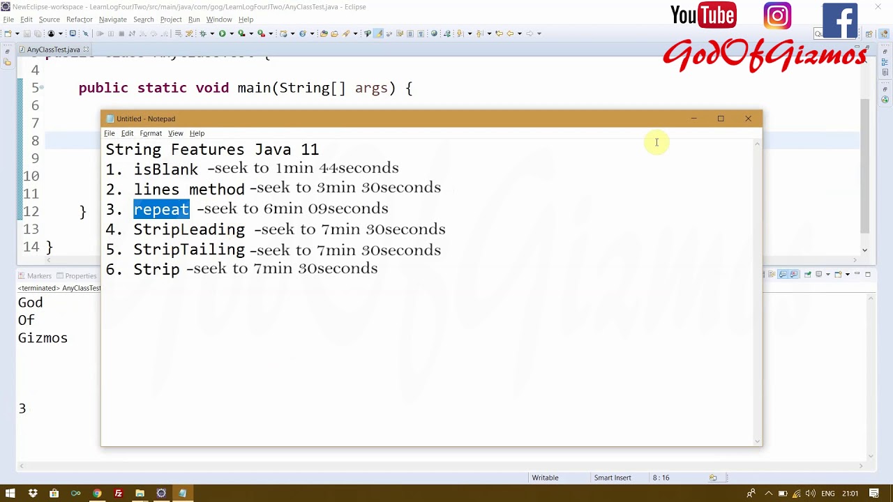 Latest Java 11 Tutorial - New String Features - isBlank, Lines, Repeat, Strip(ALL)