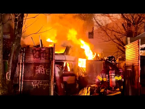 FDNY Bronx 10-75 Box 3095 RV Fire with Extension to Auto Repair Shop Live Wires Down