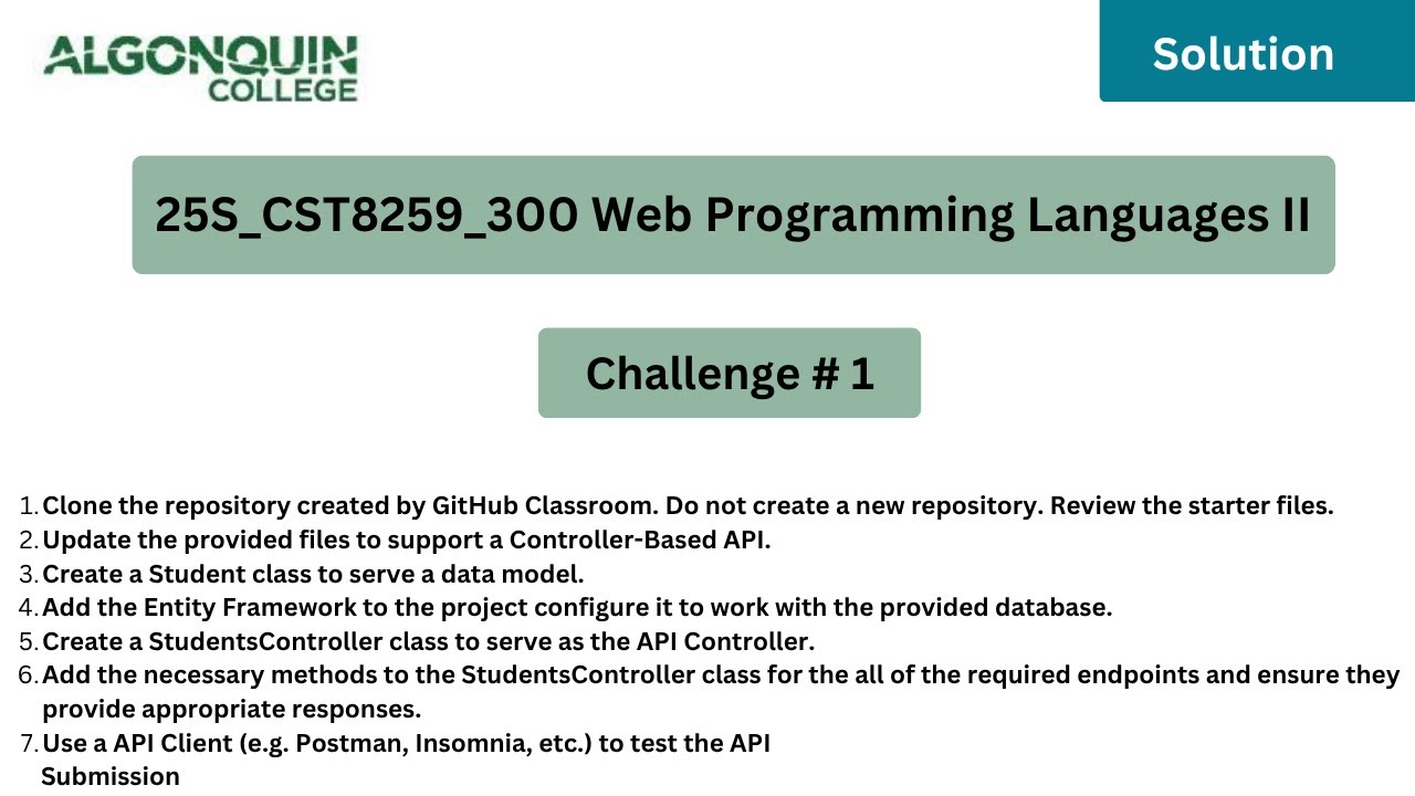 CST8259 Web Programming II | Challenge 1 – ASP.NET Web API with Entity Framework | Algonquin College
