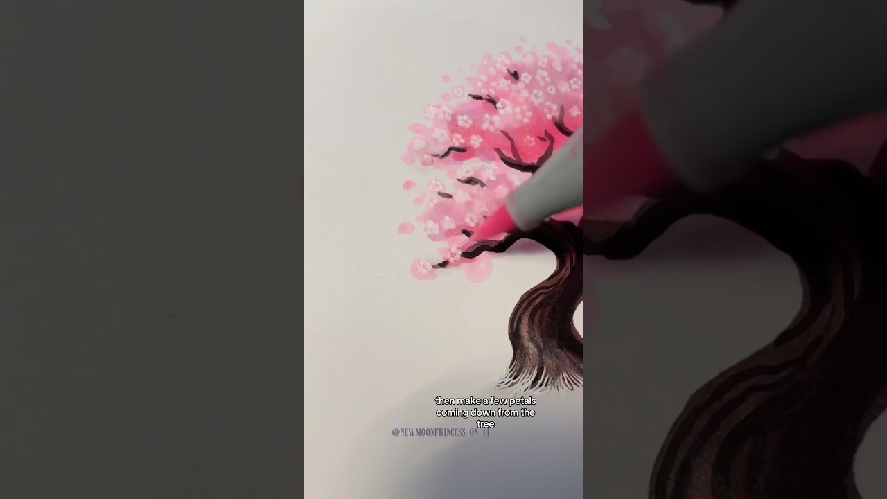 Cara menggambar pohon sakura tanpa menggambar bunga sakura 🌸 #bunga #tutorialseni