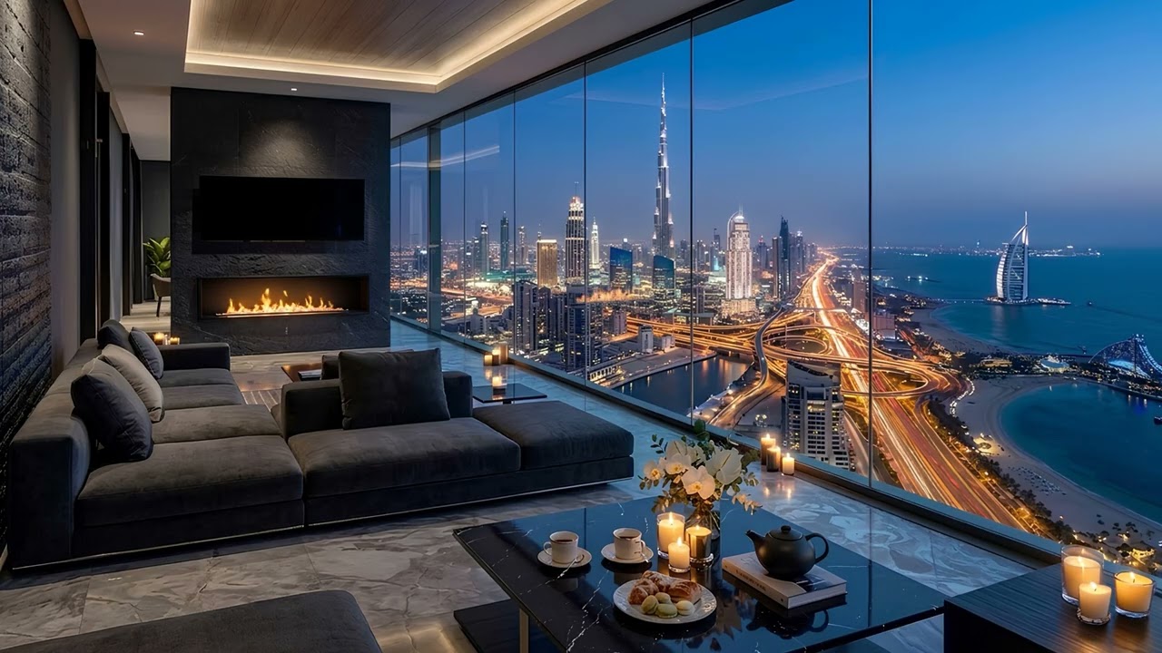 Dubai Night Ambience 4K 🌃 Luxury Fireplace & Rain Sounds | Relaxing Music for Deep Sleep
