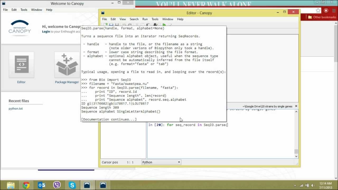python and biopython installation using enthought canopy and first simple program-biopython