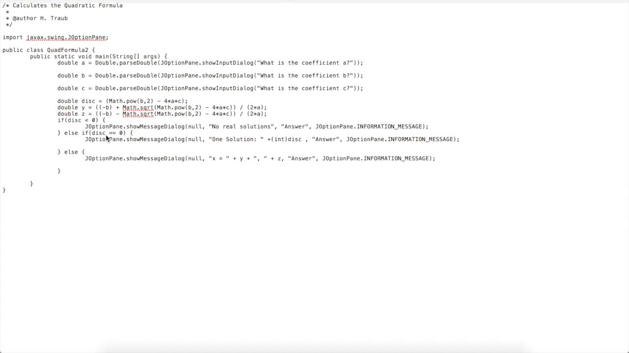 Java Code: Quadratic Formula