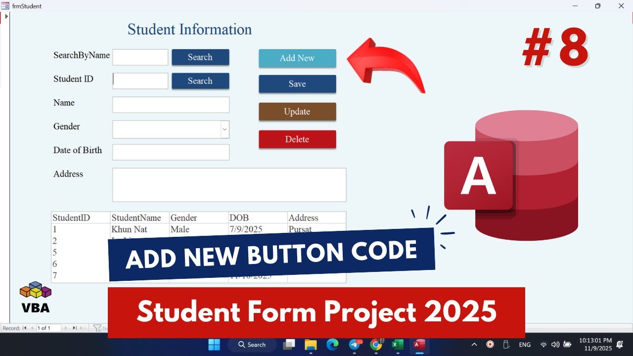 Microsoft Access – Add New Record Button Code | Student Form VBA Tutorial (No Voice) 2025